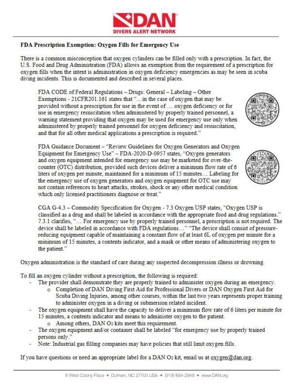FDA Prescription Exemption: Oxygen Fills for Emergency Use - Divers Alert Network